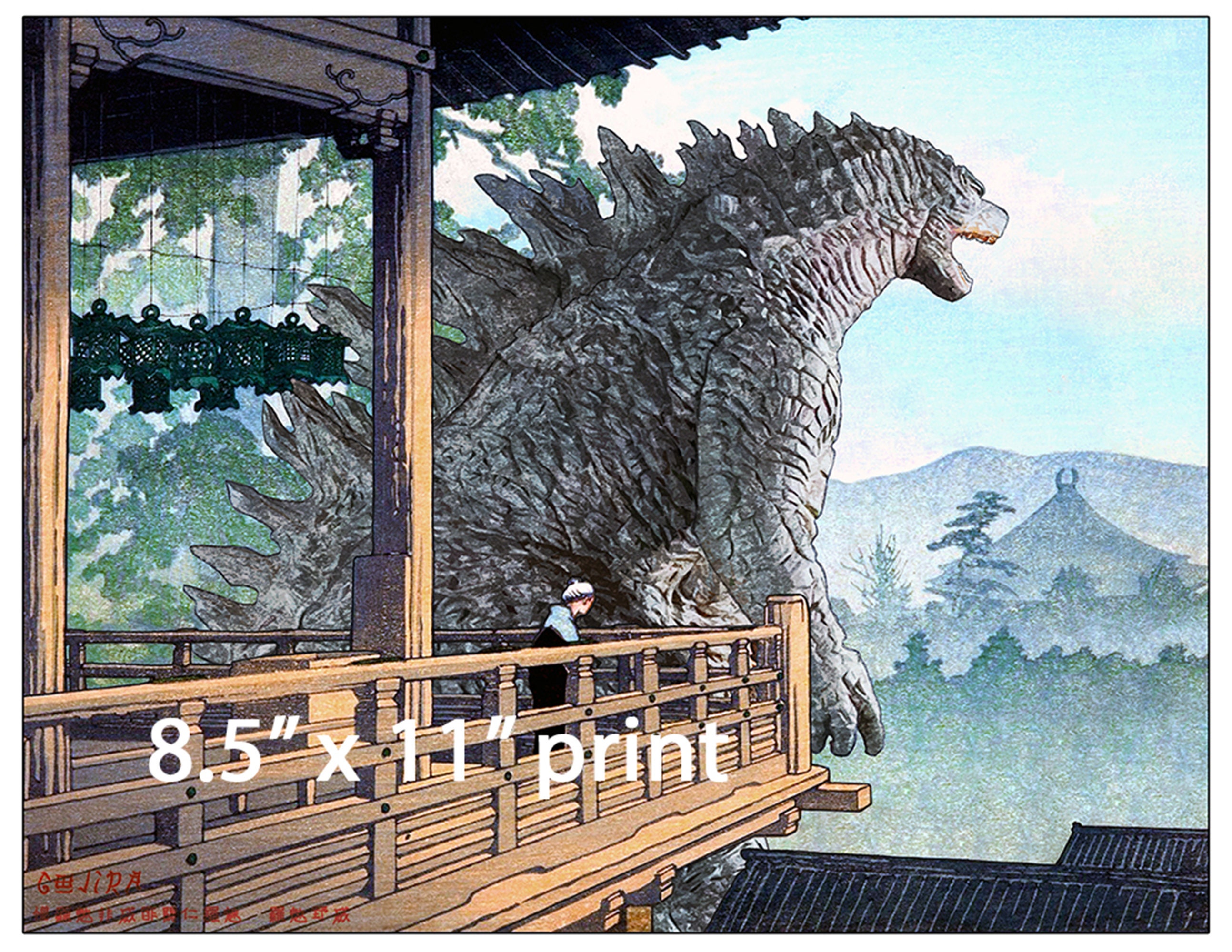Godzilla Temple Japanese Woodblock Print - Etsy