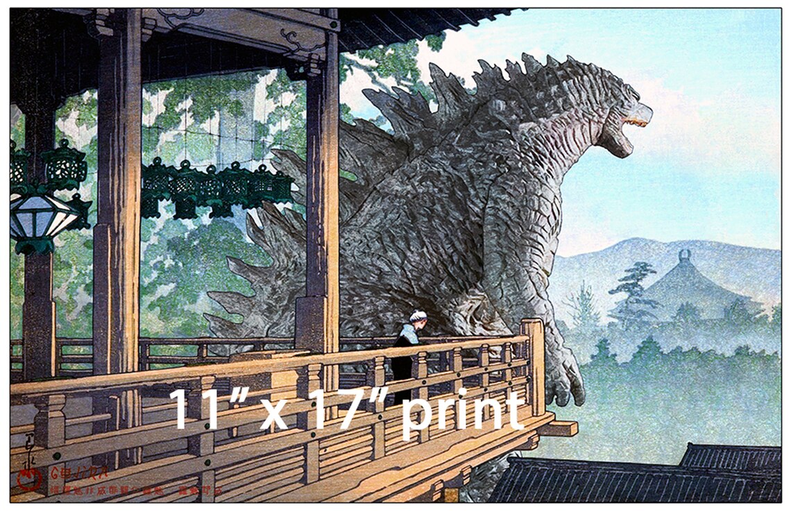 Godzilla Temple Japanese Woodblock Print | Etsy