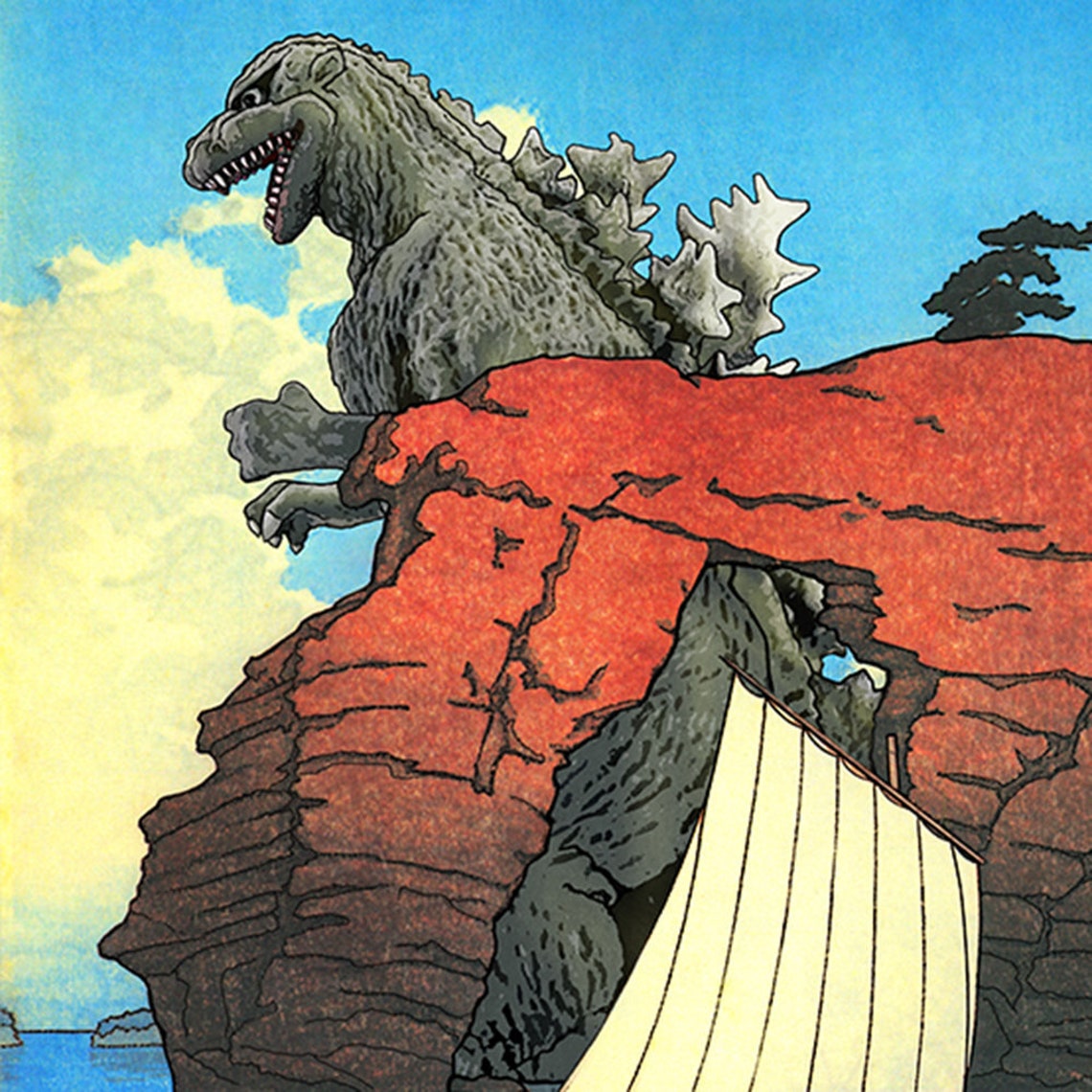 Godzilla Bay Japanese Woodblock Print - Etsy