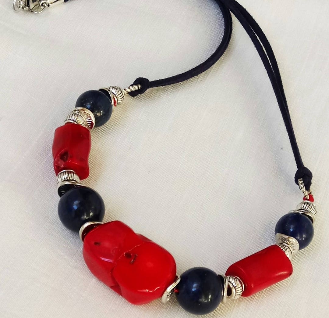 Red Coral Necklace Lapis Lazuli Necklace Beaded Necklace Natural Stone ...