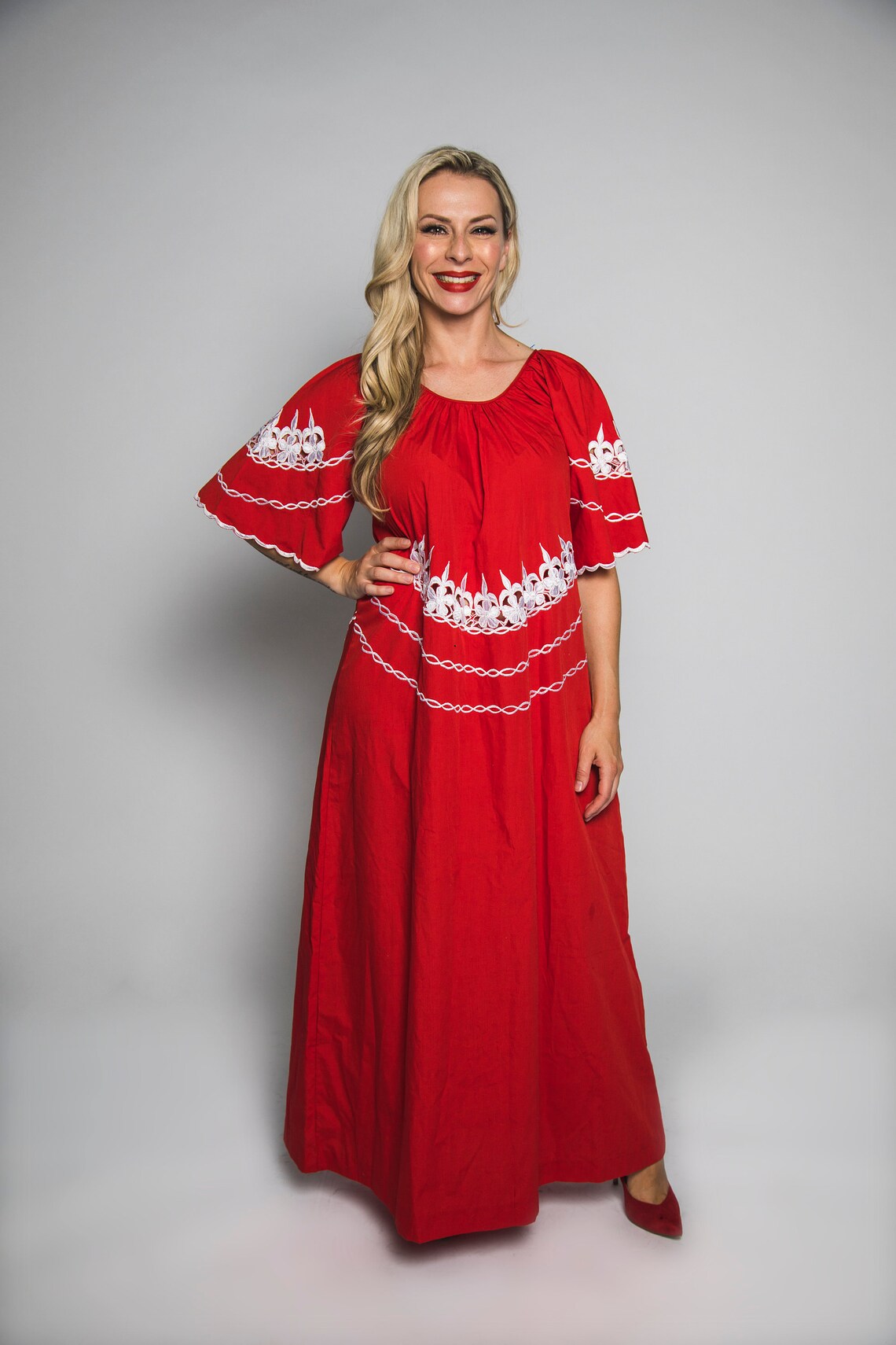 70's Red Hawaiian Embroidered Moomoo Dress Dead Stock Mystical Fashions ...
