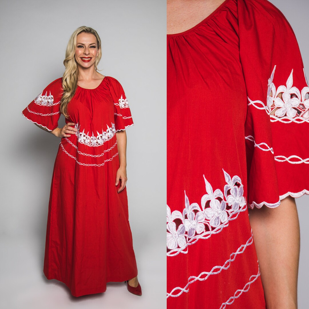 70's Red Hawaiian Embroidered Moomoo Dress Dead Stock Mystical Fashions ...