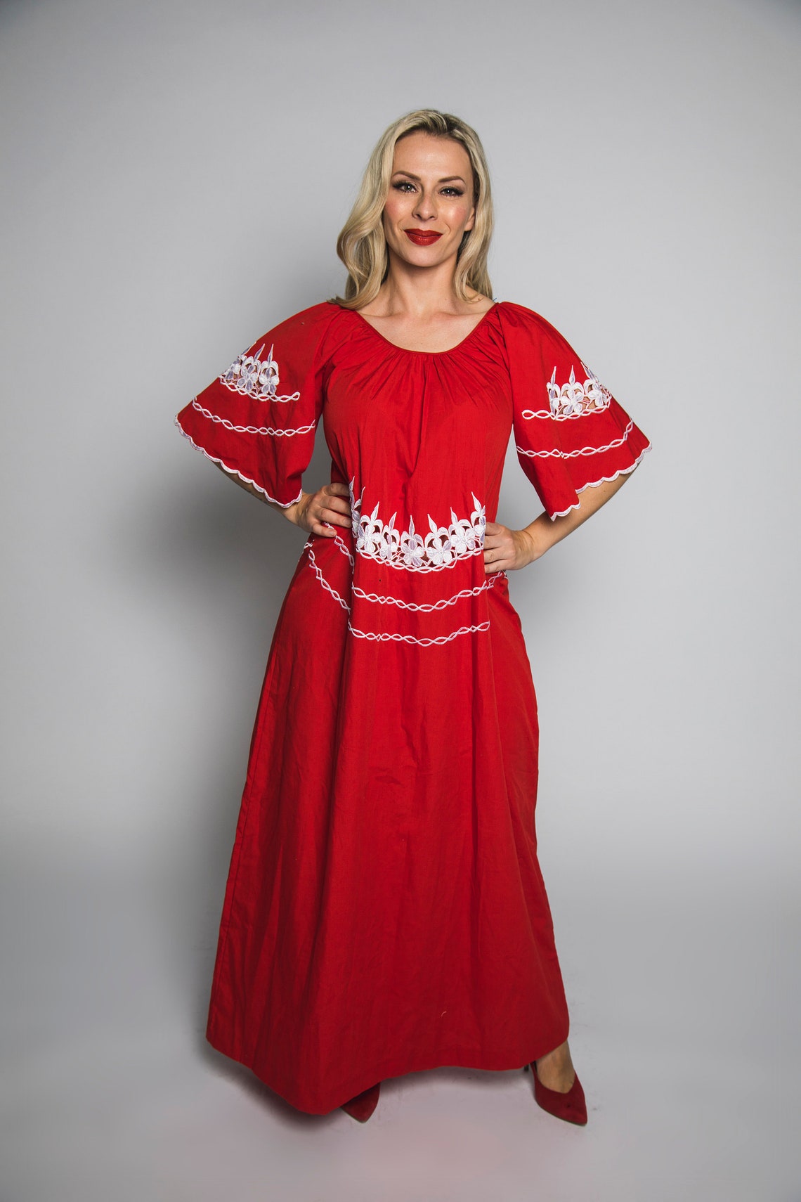 70's Red Hawaiian Embroidered Moomoo Dress Dead Stock Mystical Fashions ...