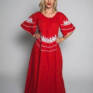 70's Red Hawaiian Embroidered Moomoo Dress Dead Stock Mystical Fashions ...