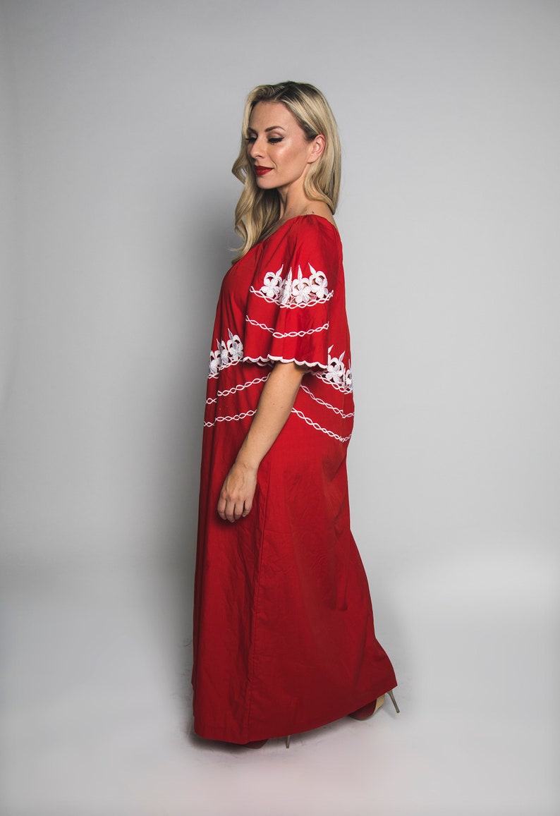 70's Red Hawaiian Embroidered Moomoo Dress Dead Stock Mystical Fashions ...