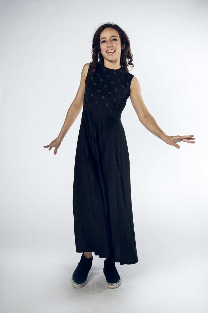 Amazing 1970s Black Alfred Shaheen Maxi Empire Sleeveless Dress With ...
