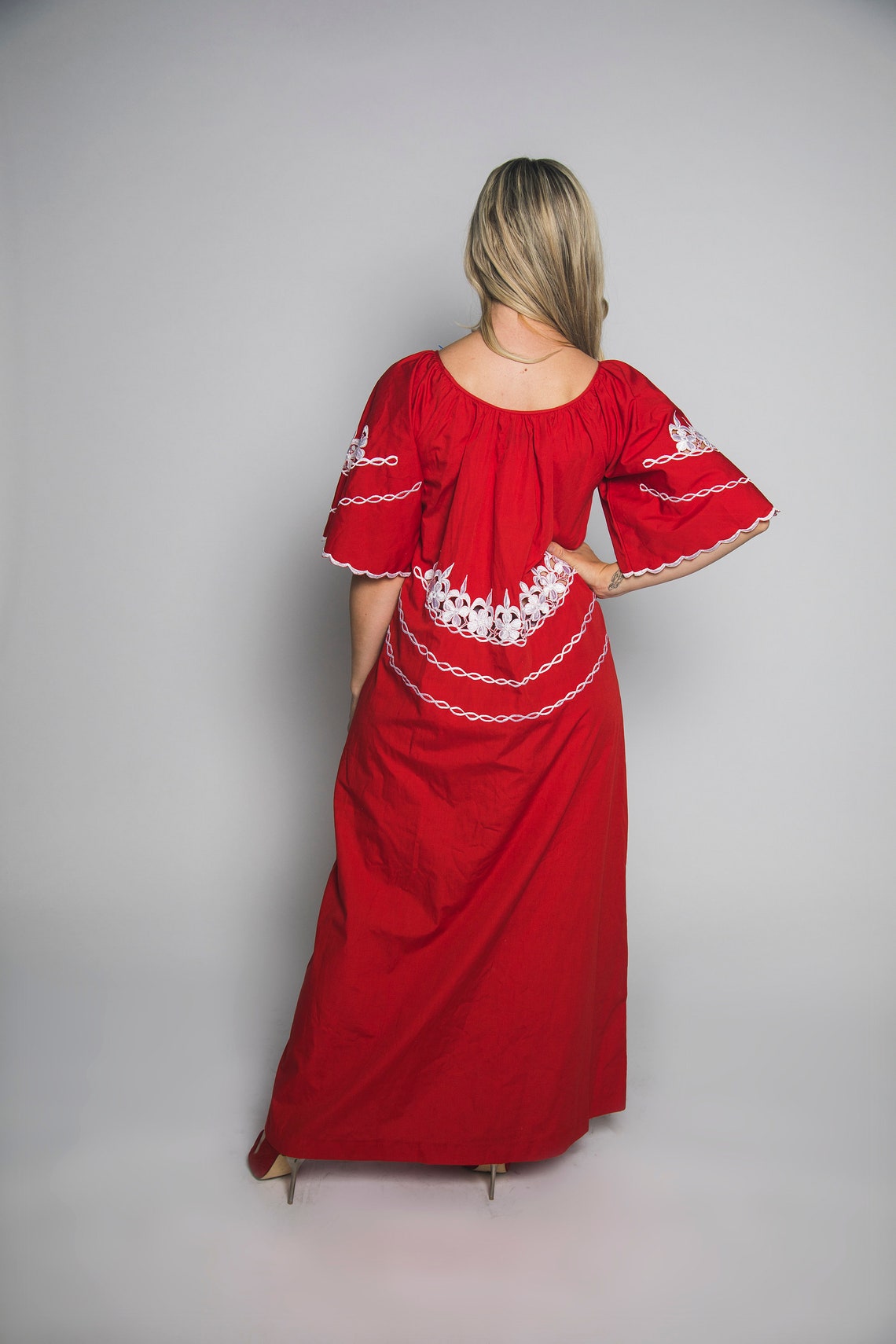 70's Red Hawaiian Embroidered Moomoo Dress Dead Stock Mystical Fashions ...
