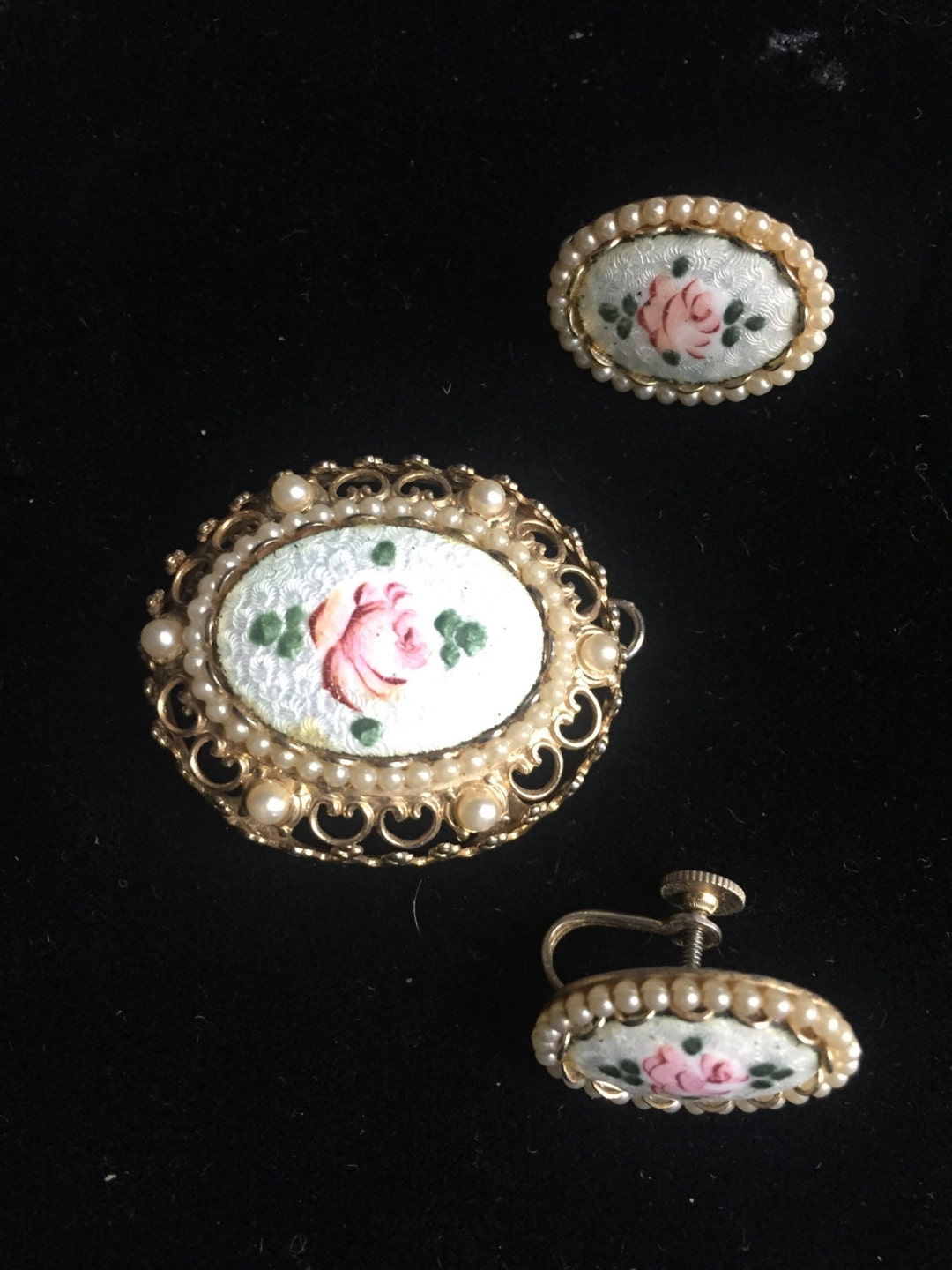 Coro Signed Earrings and Pendant Hand Painted Flower - Etsy