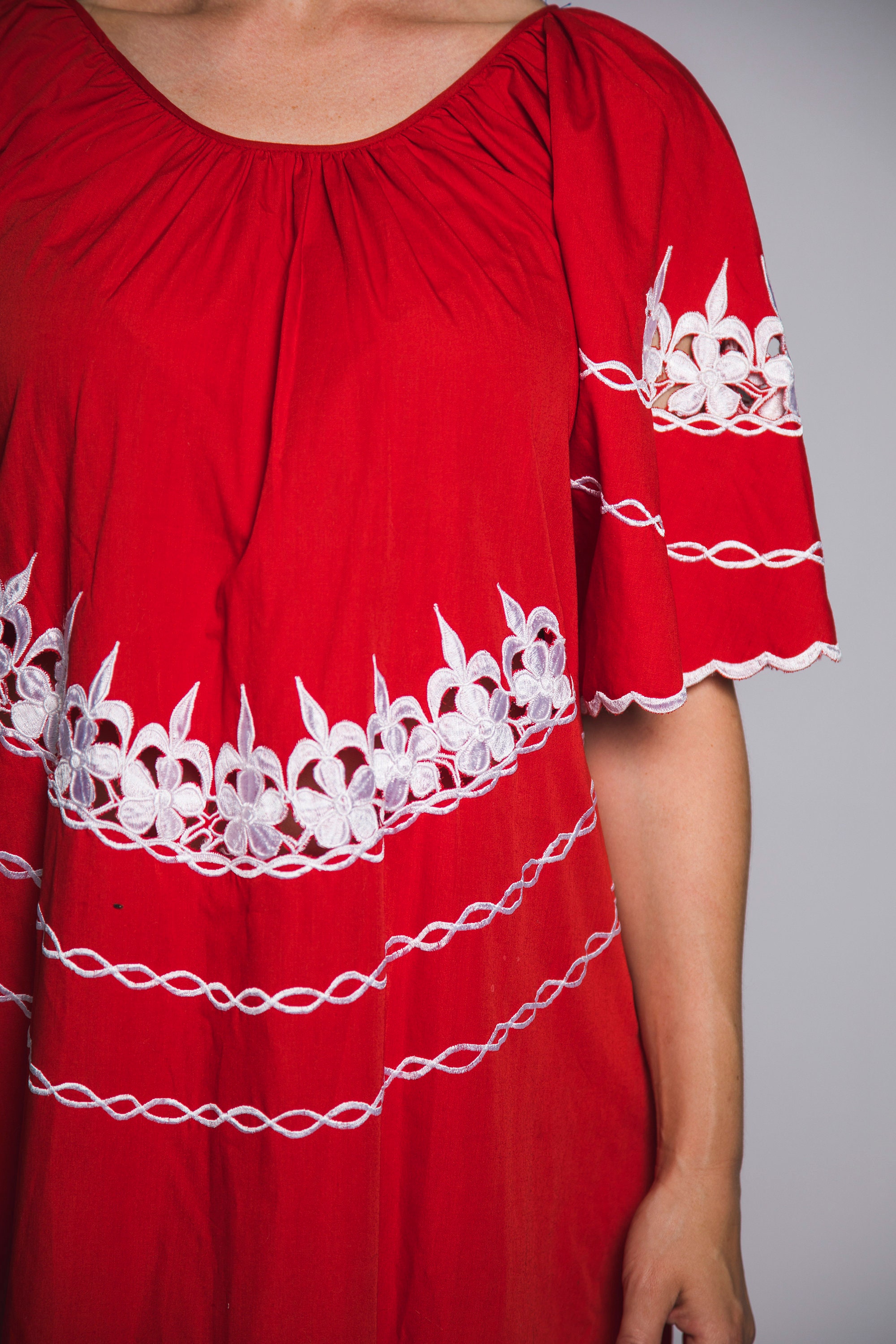 70's Red Hawaiian Embroidered Moomoo Dress Dead Stock Mystical Fashions ...