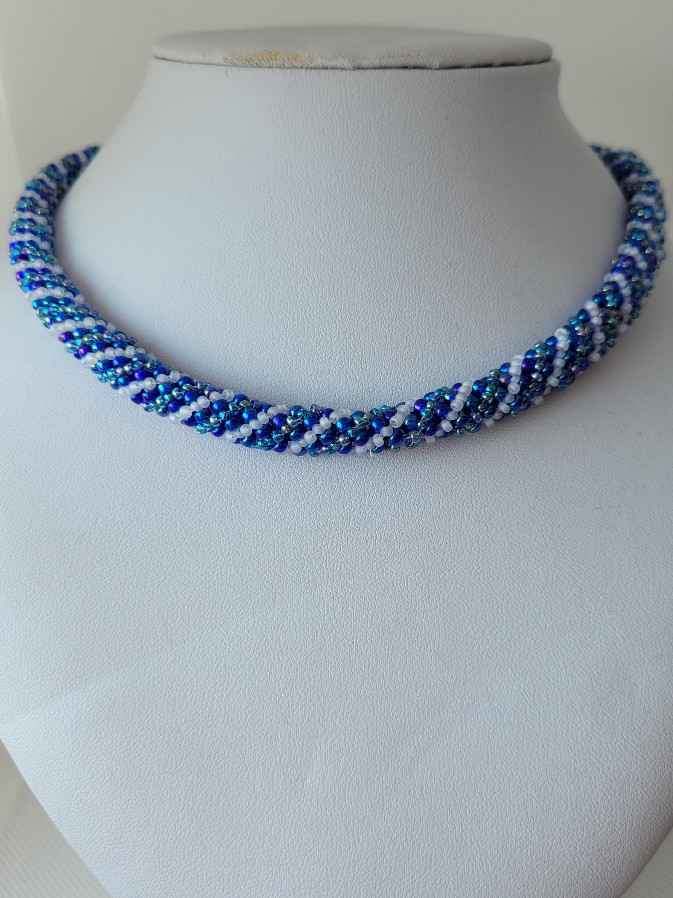 Seed Bead Twisted Rope Necklace Blue and White Twisted Tope Necklace ...