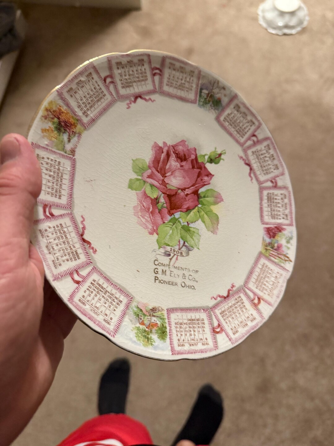 The WM. Brunt Pottery Company Antique 1909 Calendar Plate With Roses GM ...