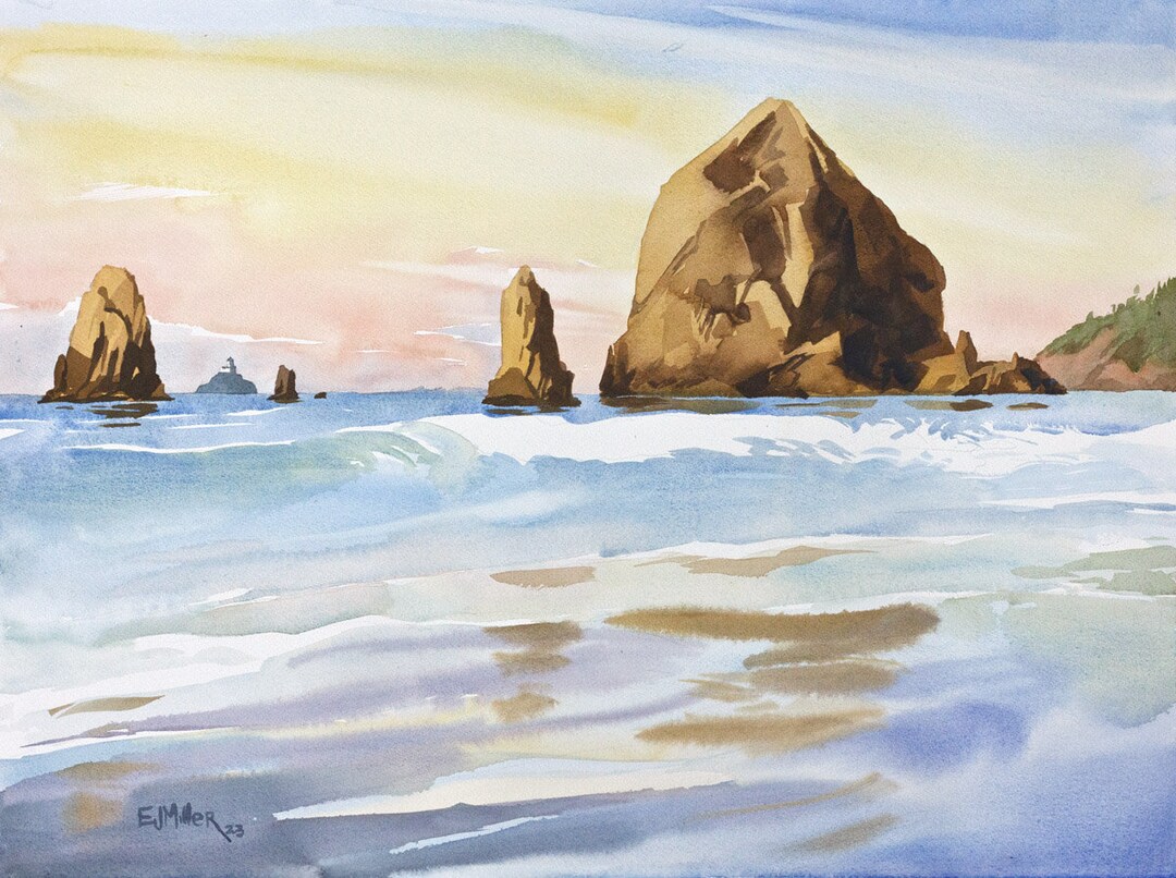 Haystack Rock Art Print, Cannon Beach Painting, Oregon Coast Artwork ...