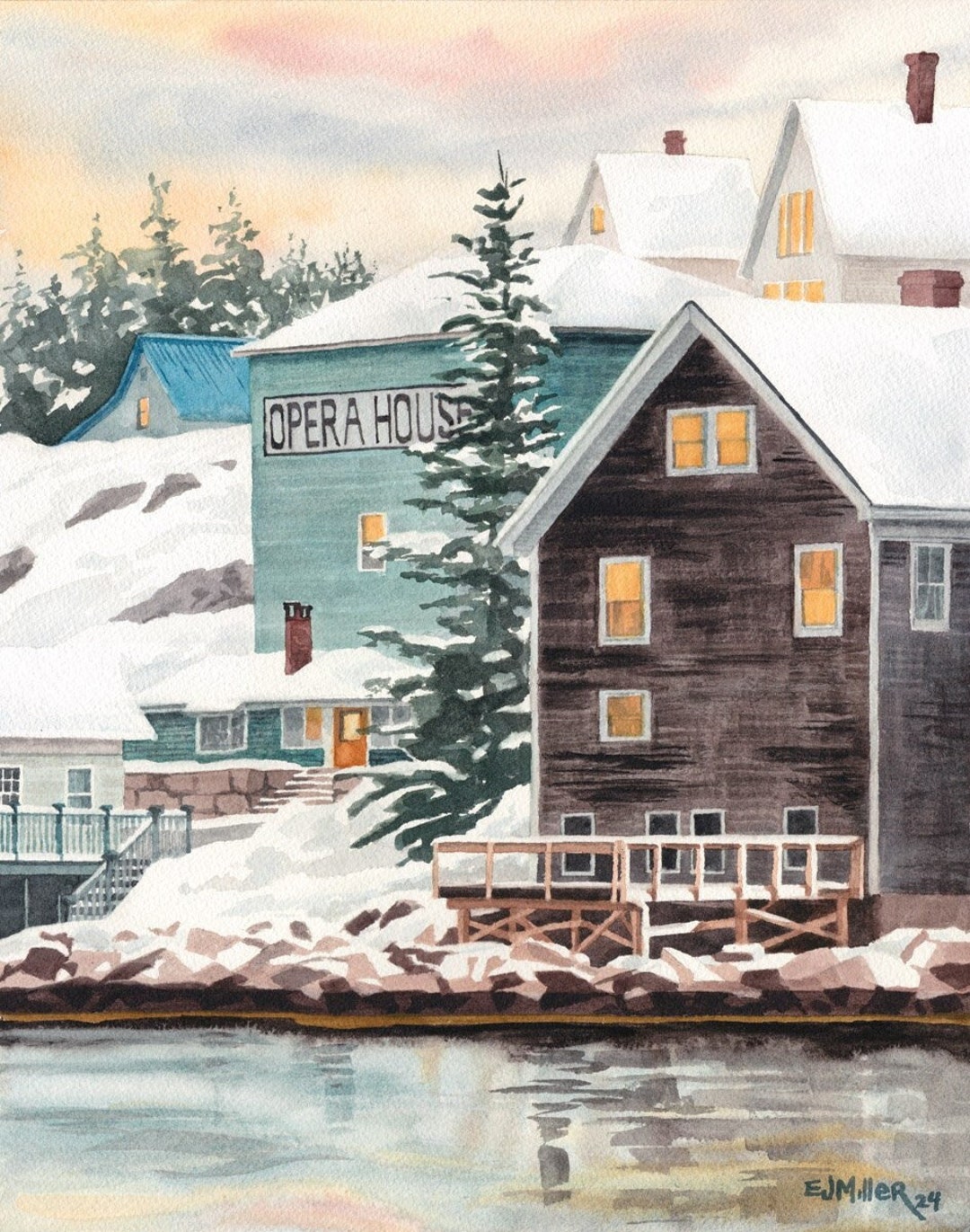 Stonington Opera House Maine Art Print, Deer Isle Maine Winter Art ...