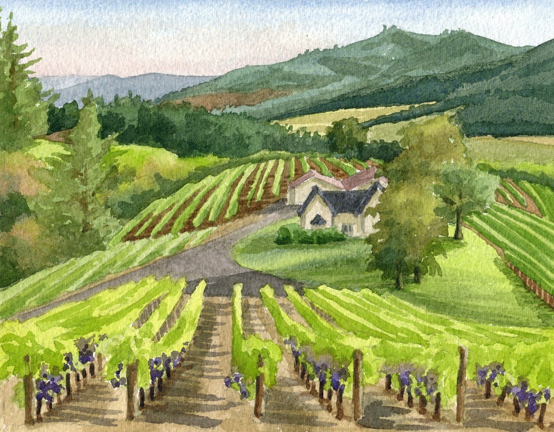 Oregon Vineyard Art Print, Oregon Wine Country Art, Oregon Winery Artwork, Oregon Watercolor ...