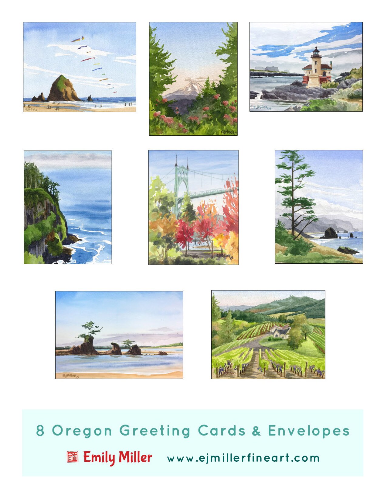 Oregon Greeting Cards Set of 8 Art Print Watercolor Paintings - Etsy