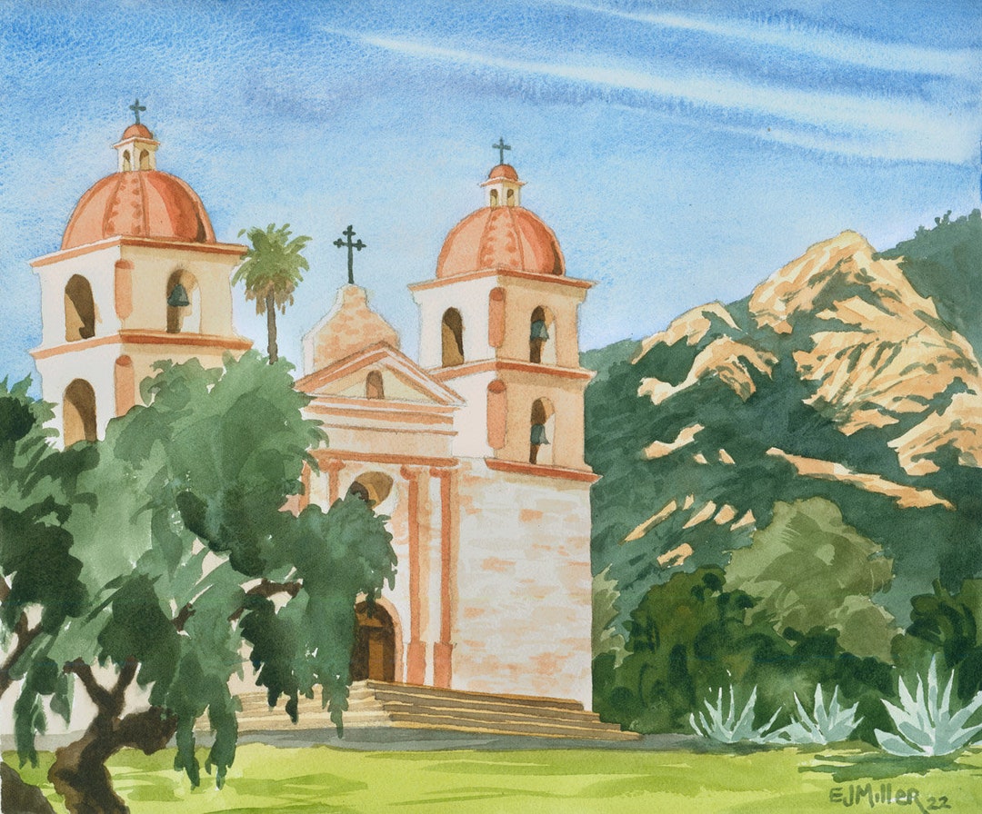 Santa Barbara Mission Watercolor Print, California Spanish Mission ...