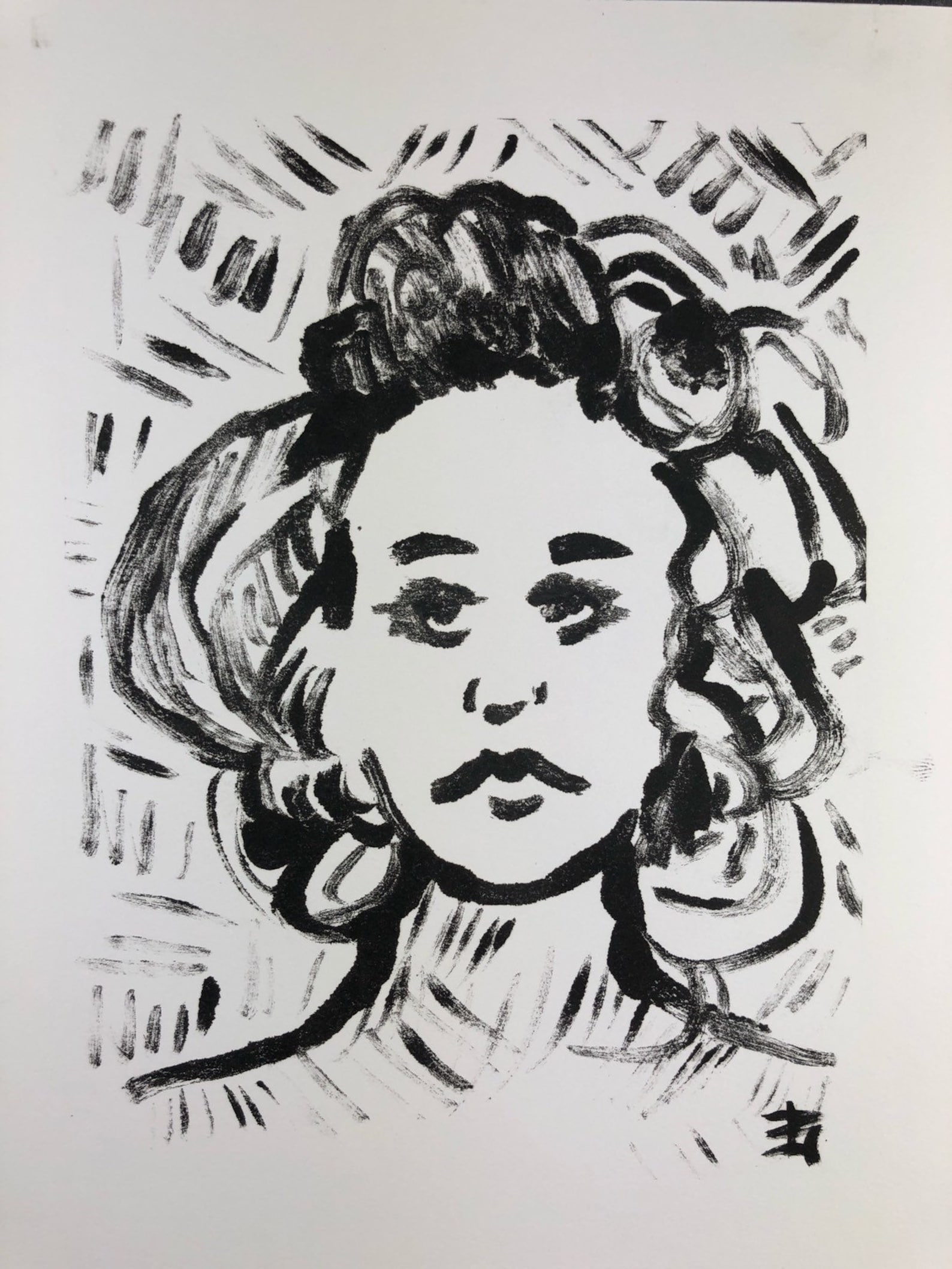 Monotype Print Portrait Drawing on 8x10 Hot Press Watercolor Paper in ...