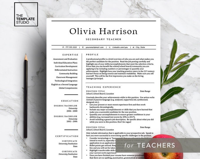 Teacher Resume Template for Word & Pages (1, 2 and 3 Page CV Template ...