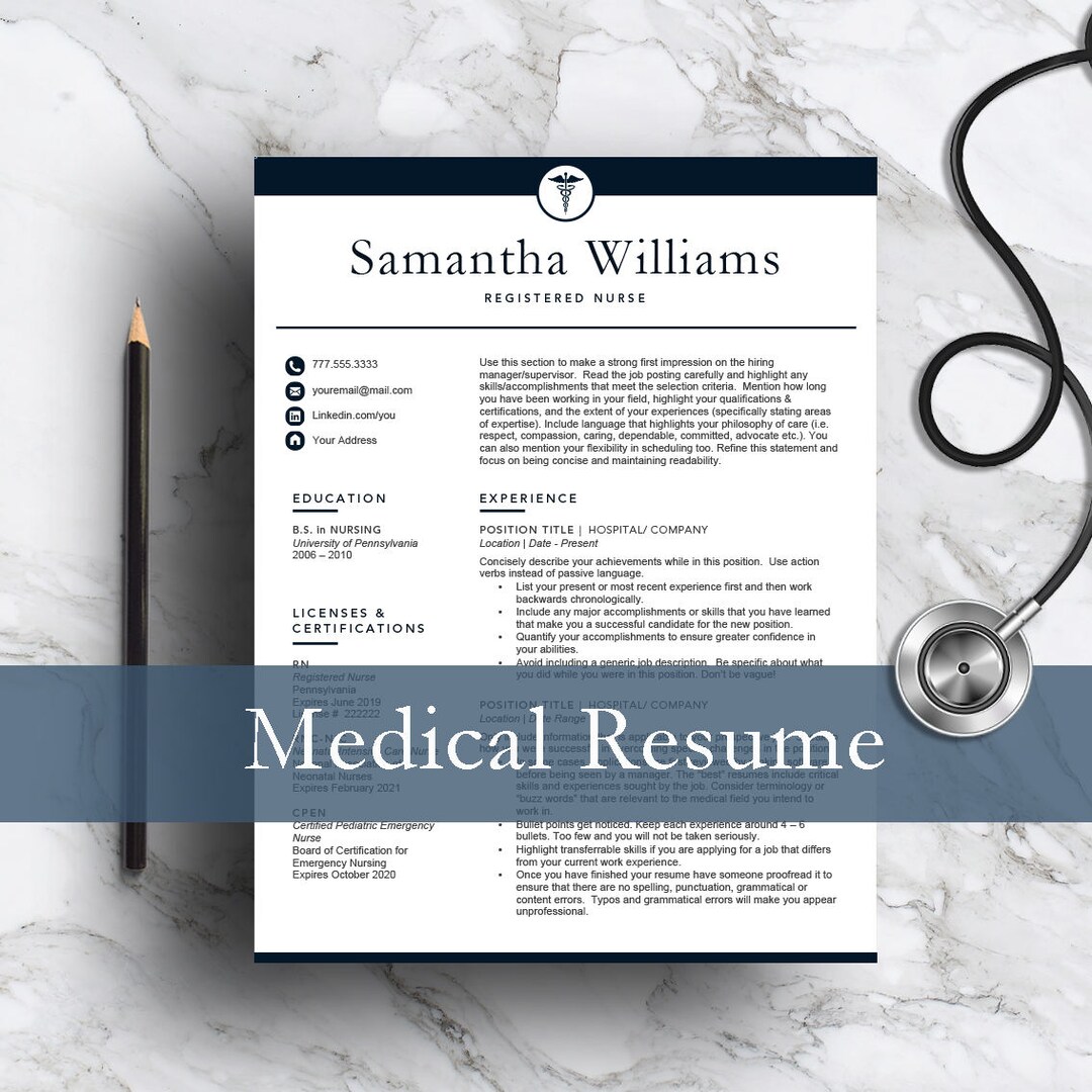 Medical Resume Template for Word & Pages 1, 2 and 3 Page Resume ...