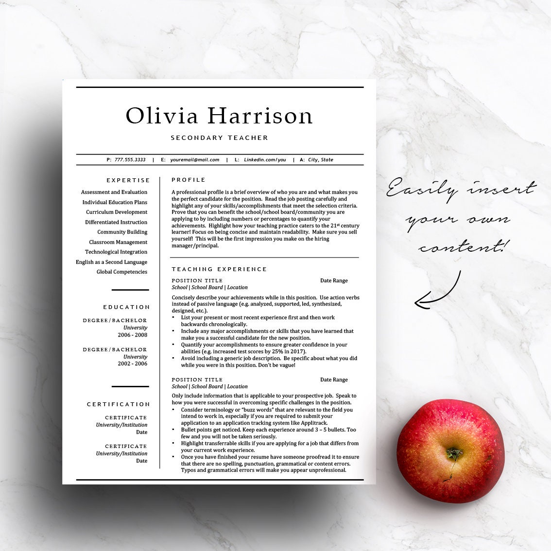 Teacher Resume Template for Word & Pages (1, 2 and 3 Page Educator CV ...