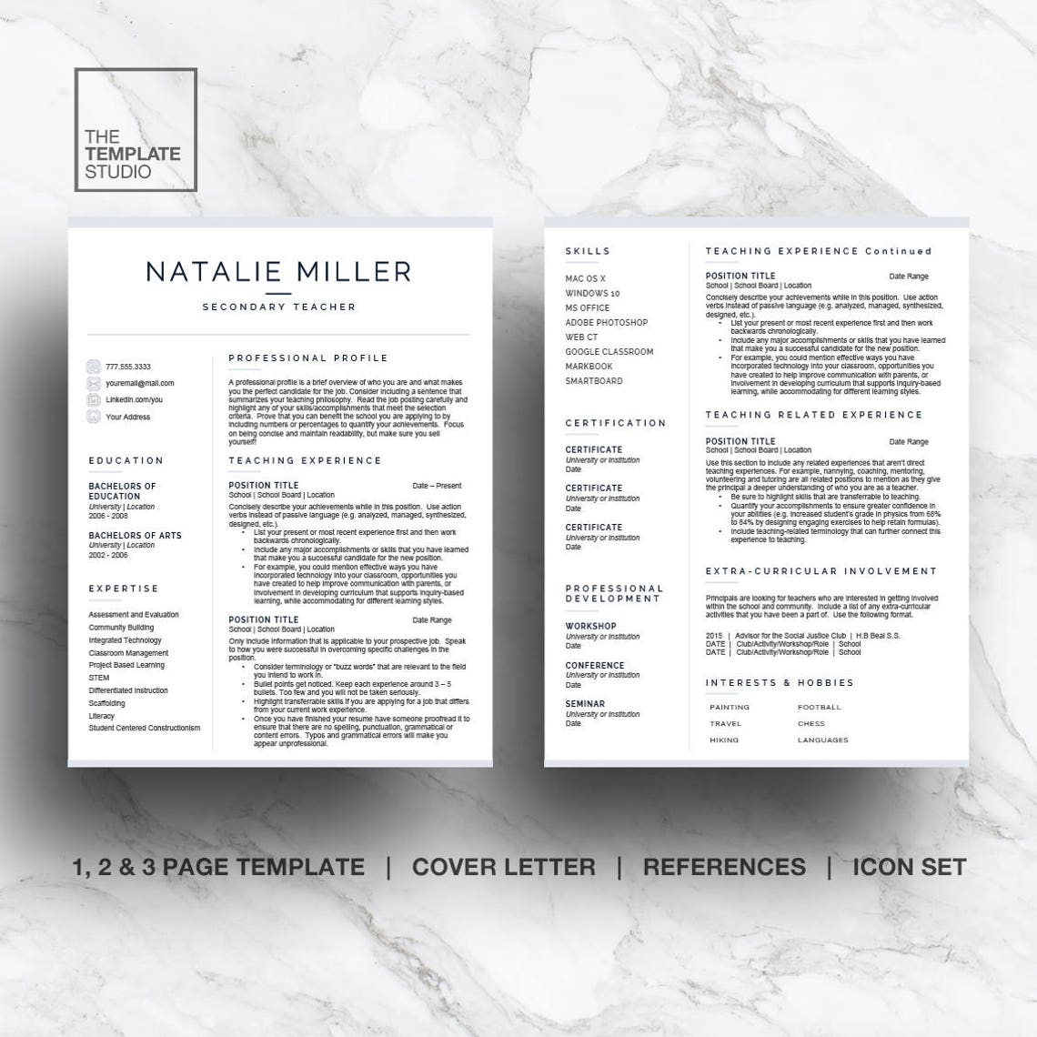 Teacher Resume Template for Word & Pages (1, 2 and 3 Page Resume and ...