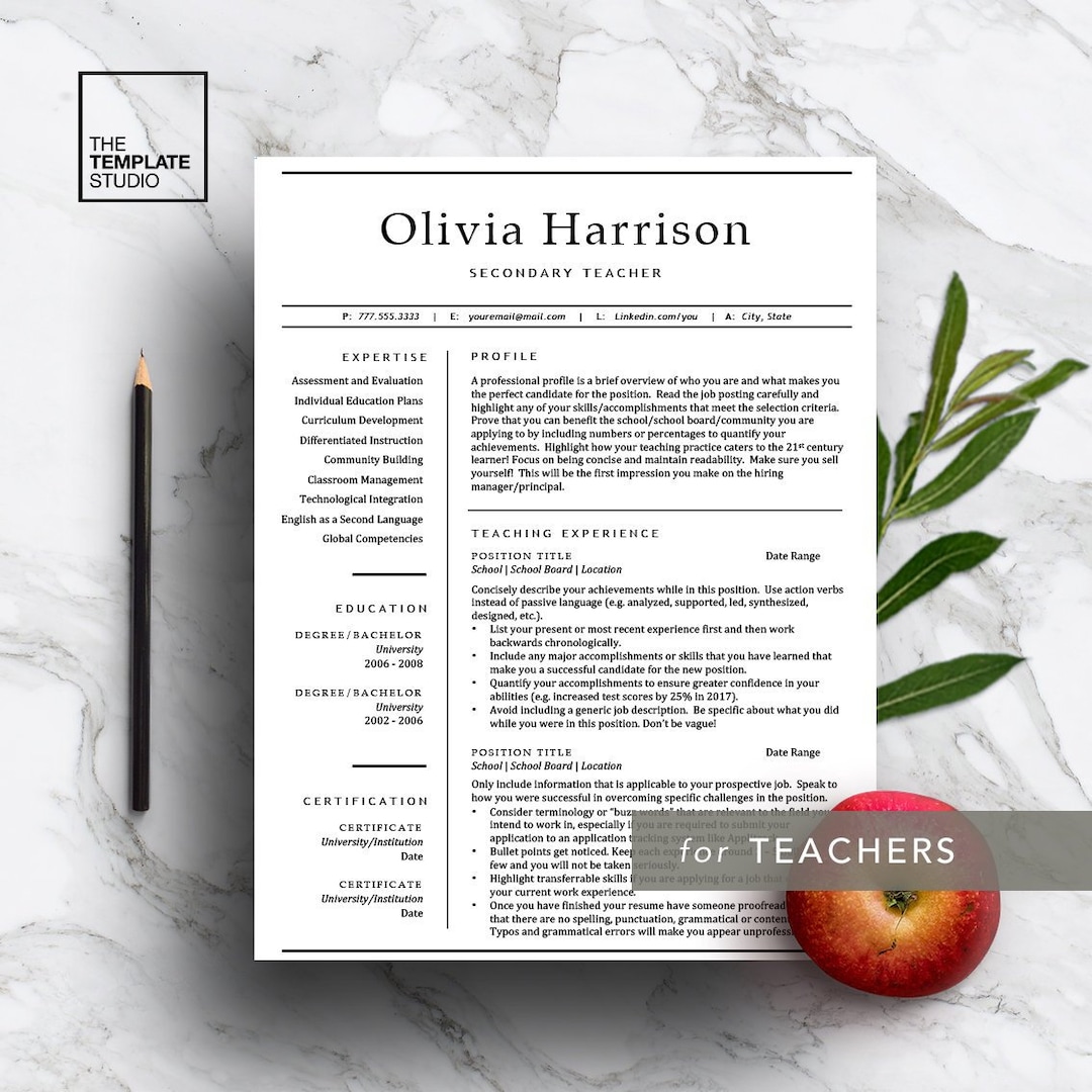 Teacher Resume Template for Word & Pages (1, 2 and 3 Page Educator CV ...