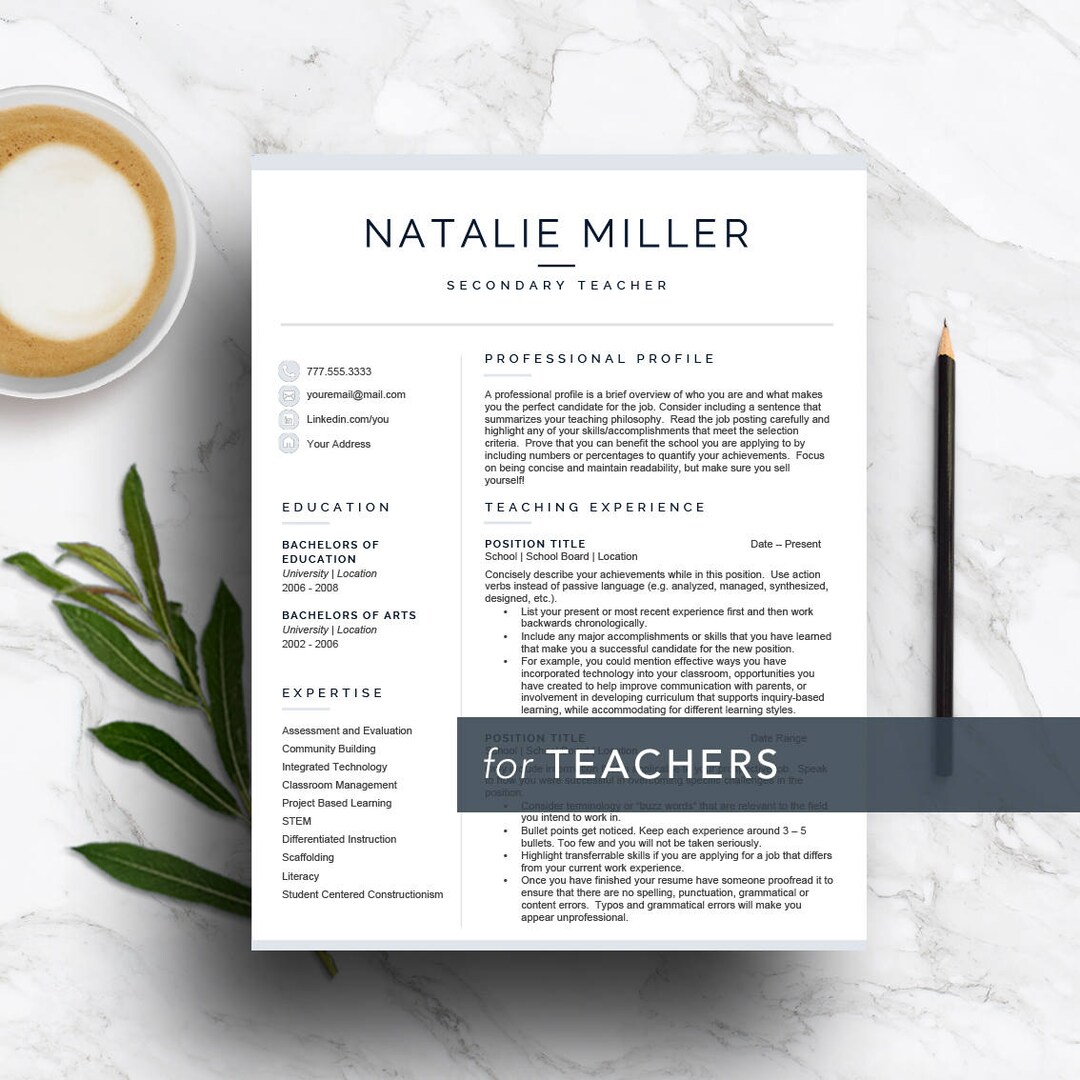 Teacher Resume Template for Word & Pages (1, 2 and 3 Page Resume and ...