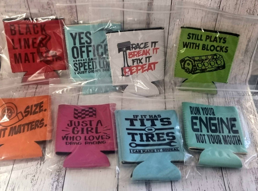 8 X Car Racing Themed Stubby Coolers Mixed Designs Pack 4 Funny Novelty ...