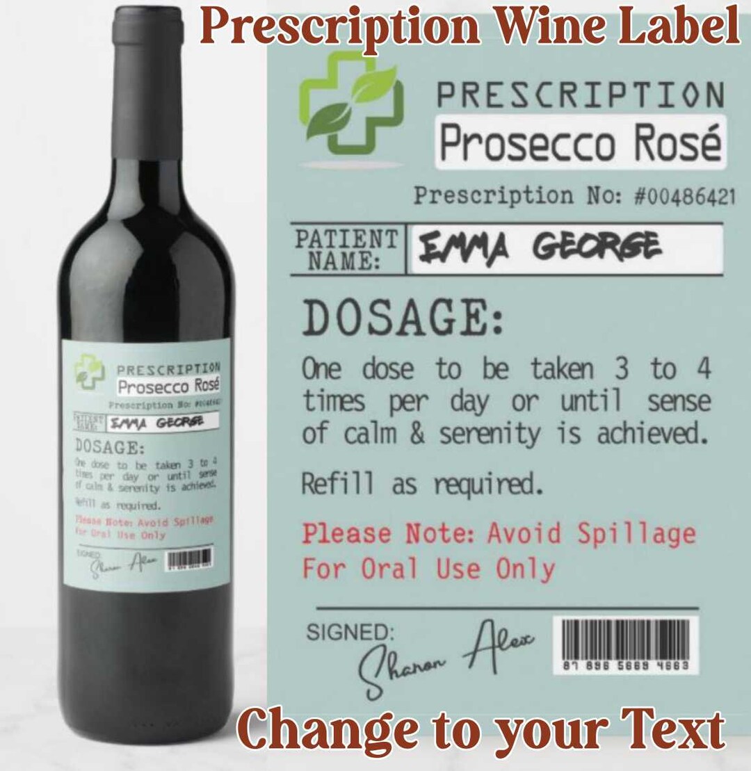 Personalised Prescription Wine Label Funny Joke Novelty Gift Birthday ...
