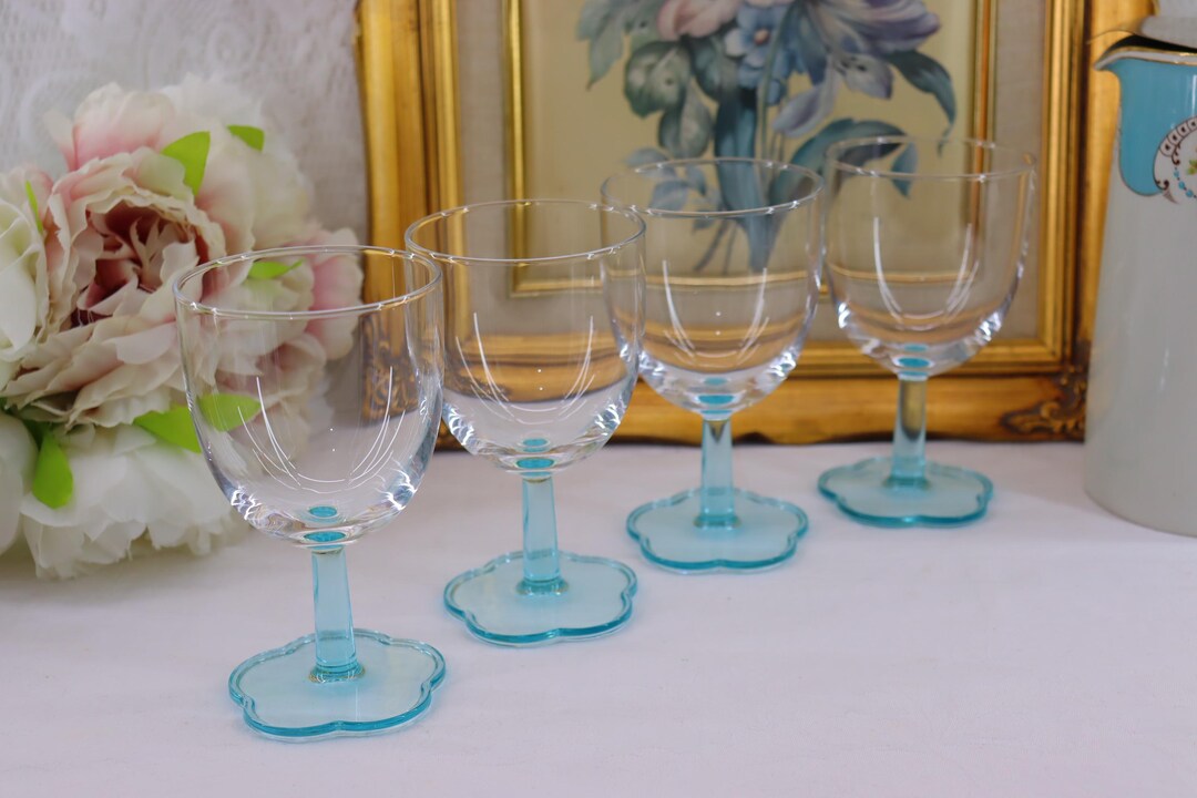 Rare Flower Base ARC France Blue Stem Glasses 5 1/4" Aqua Turquoise ...