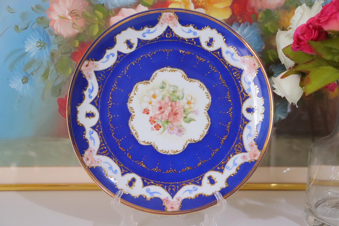 Gorgeous Furstenberg Plate Royal Blue Handpainted Pink Floral Gold ...