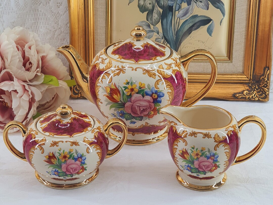Stunning 3pc Sadler Globe Shape Teapot Sugar Bowl Milk Jug Set Pink ...