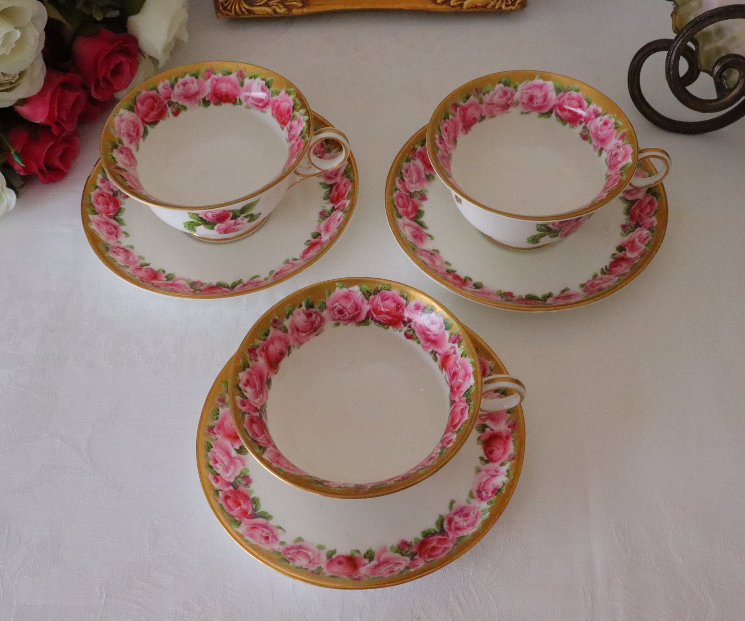 Antique Crescent Tea Cup Saucer Sets Pink Roses Heavy Gilt - Etsy