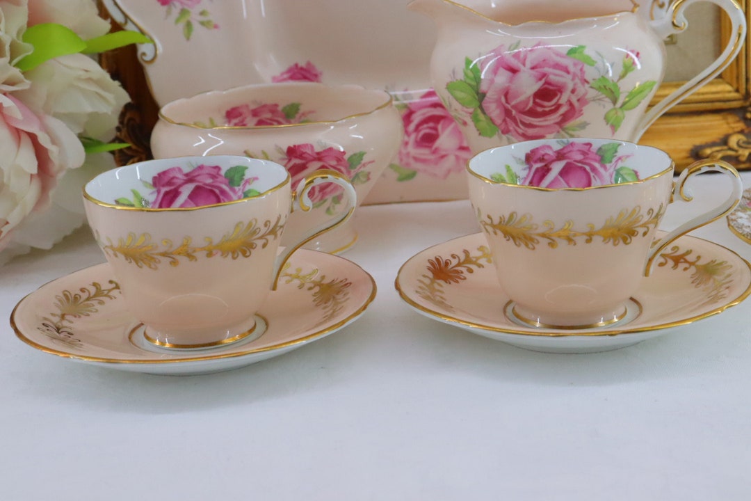2 x Aynsley Demitasse Duo Sets Rosa Col Rosas Melocotón Color de fondo ...