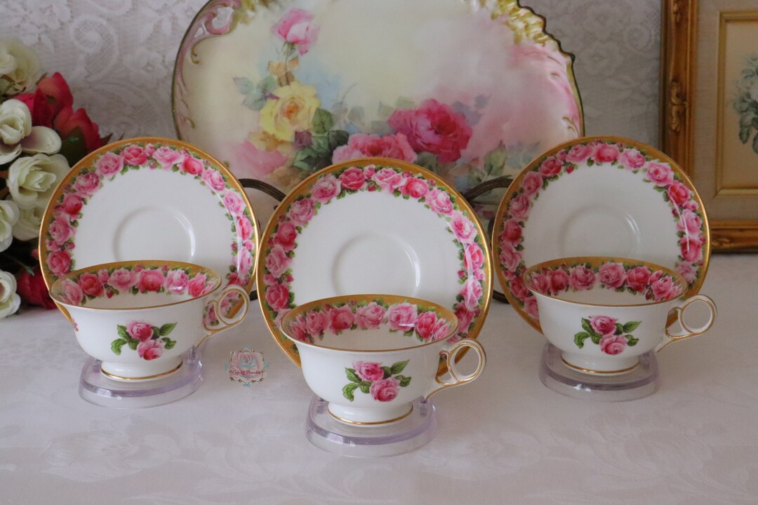 Antique Crescent Tea Cup Saucer Sets Pink Roses Heavy Gilt English Bone ...