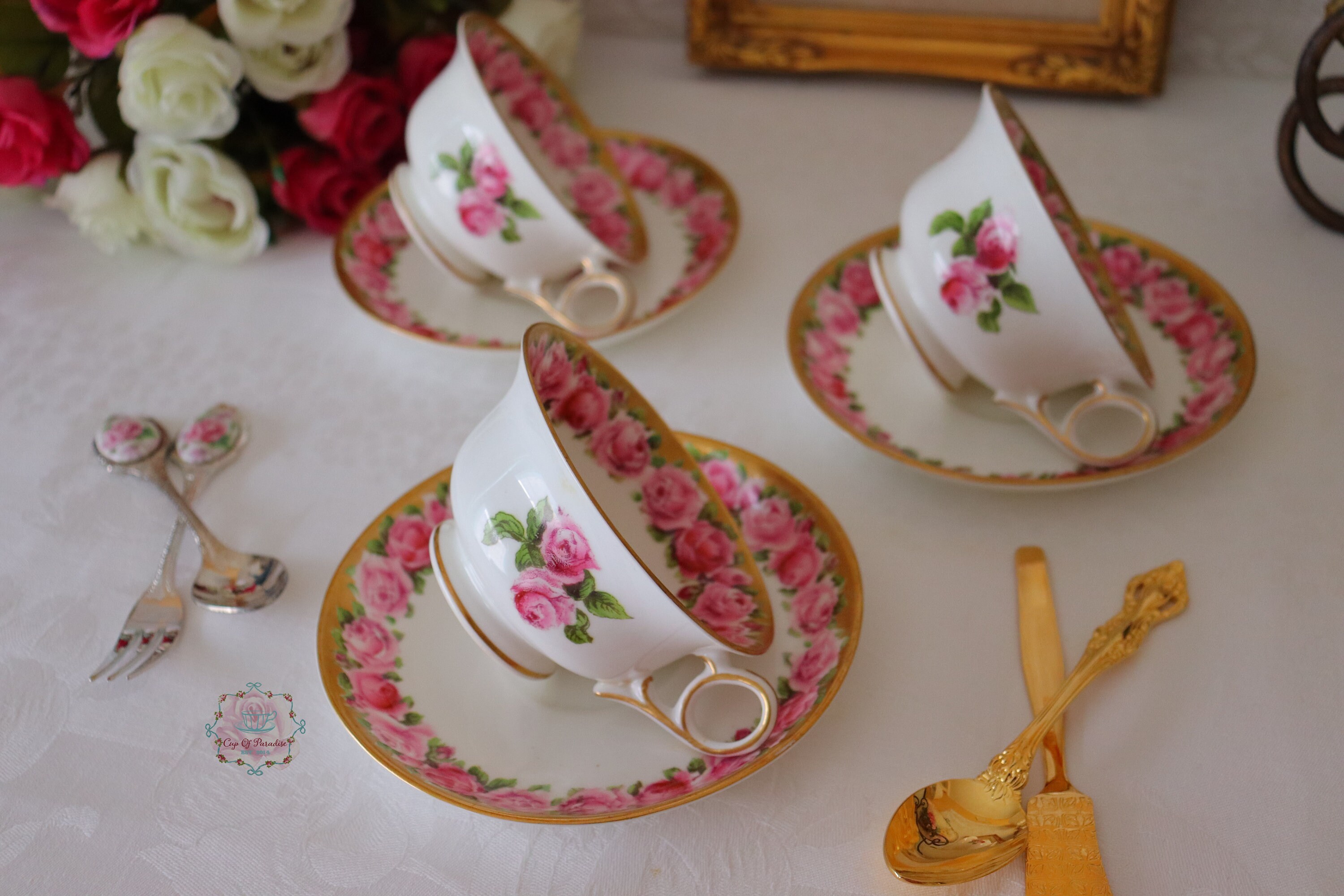 Antique Crescent Tea Cup Saucer Sets Pink Roses Heavy Gilt - Etsy
