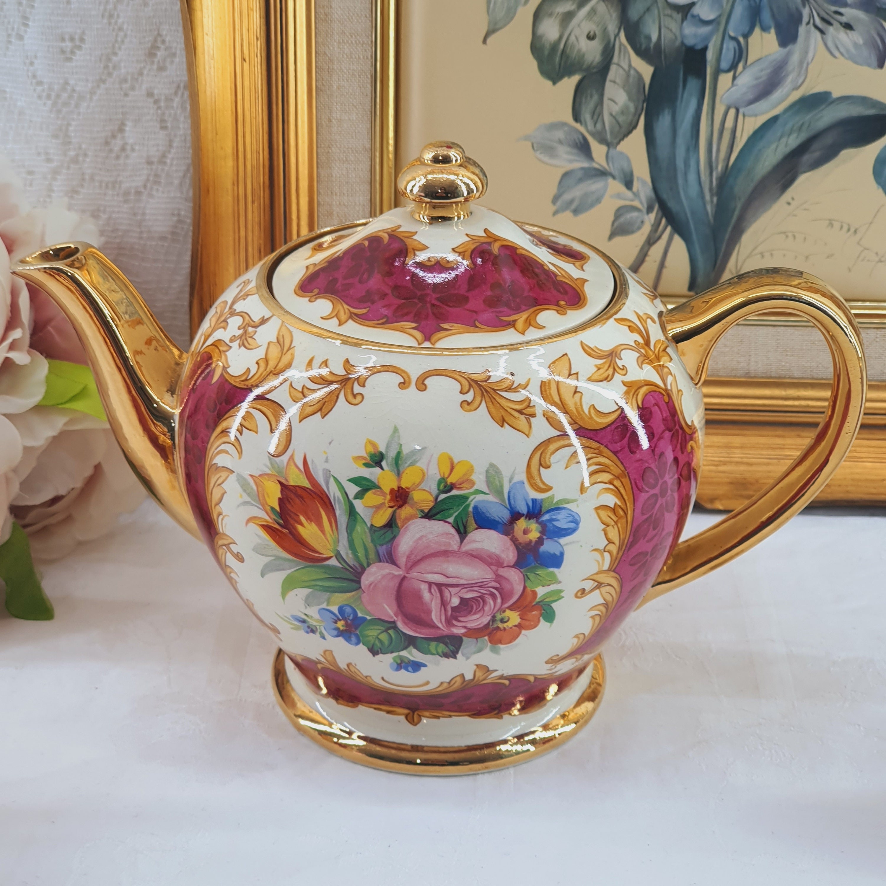 Stunning 3pc Sadler Globe Shape Teapot Sugar Bowl Milk Jug Set Pink ...