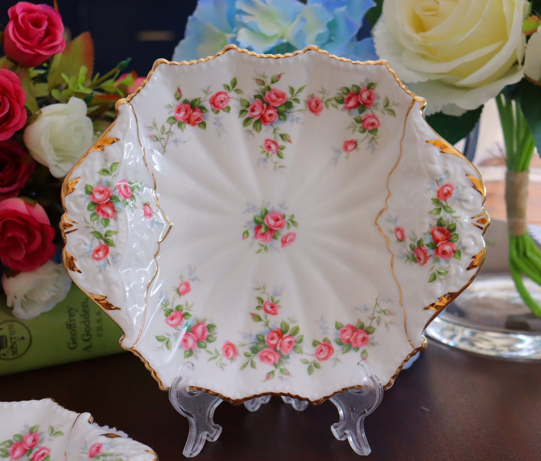 Pretty Aynsley Grotto Rose Pink Floral Gold Gilt Embossed Bon Bon Dish ...