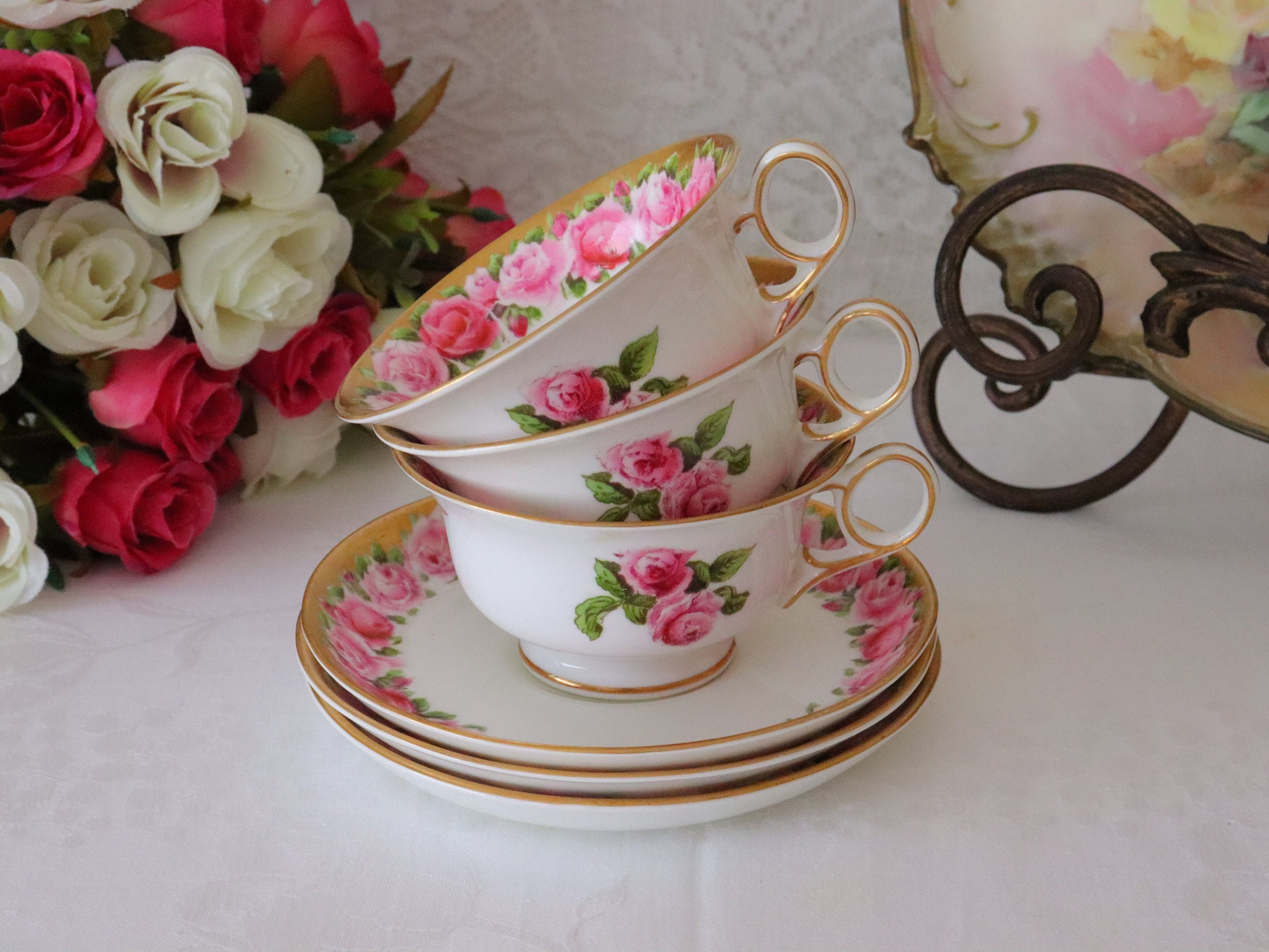 Antique Crescent Tea Cup Saucer Sets Pink Roses Heavy Gilt English Bone ...