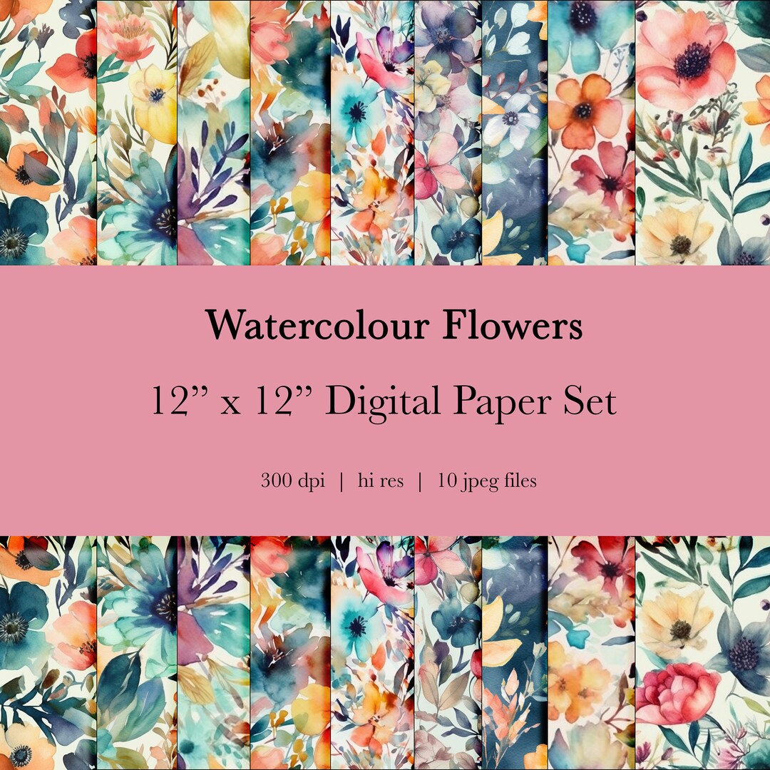Watercolour Floral Digital Paper - Watercolor Flower Backgrounds - 10 ...