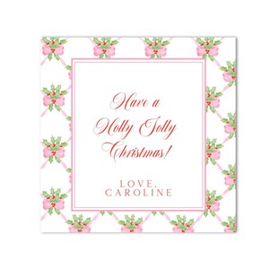 Printable Holiday Gift Tag Pink Holly Bow Trellis Grandmillenial ...