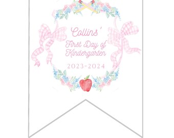 First Day of School Sign Apple Pencil Bow Garland Pink Gingham Preppy ...