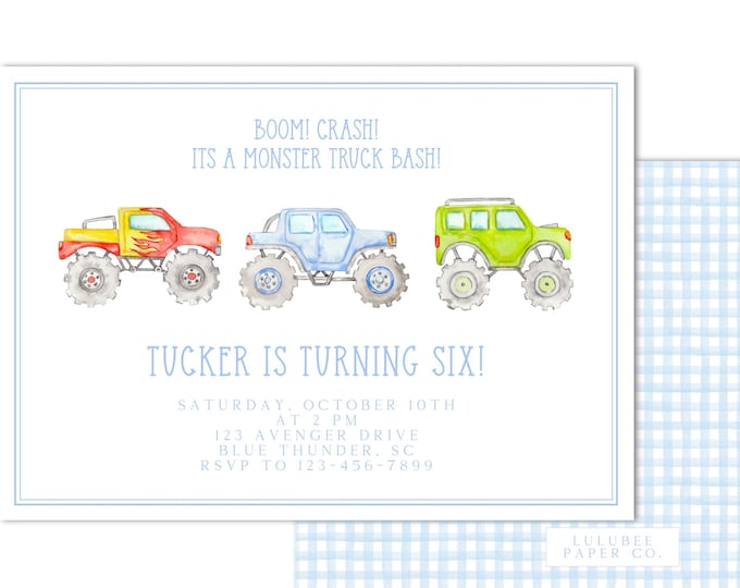Printable Preppy Monster Truck Birthday Invitation - Boom! Crash ...