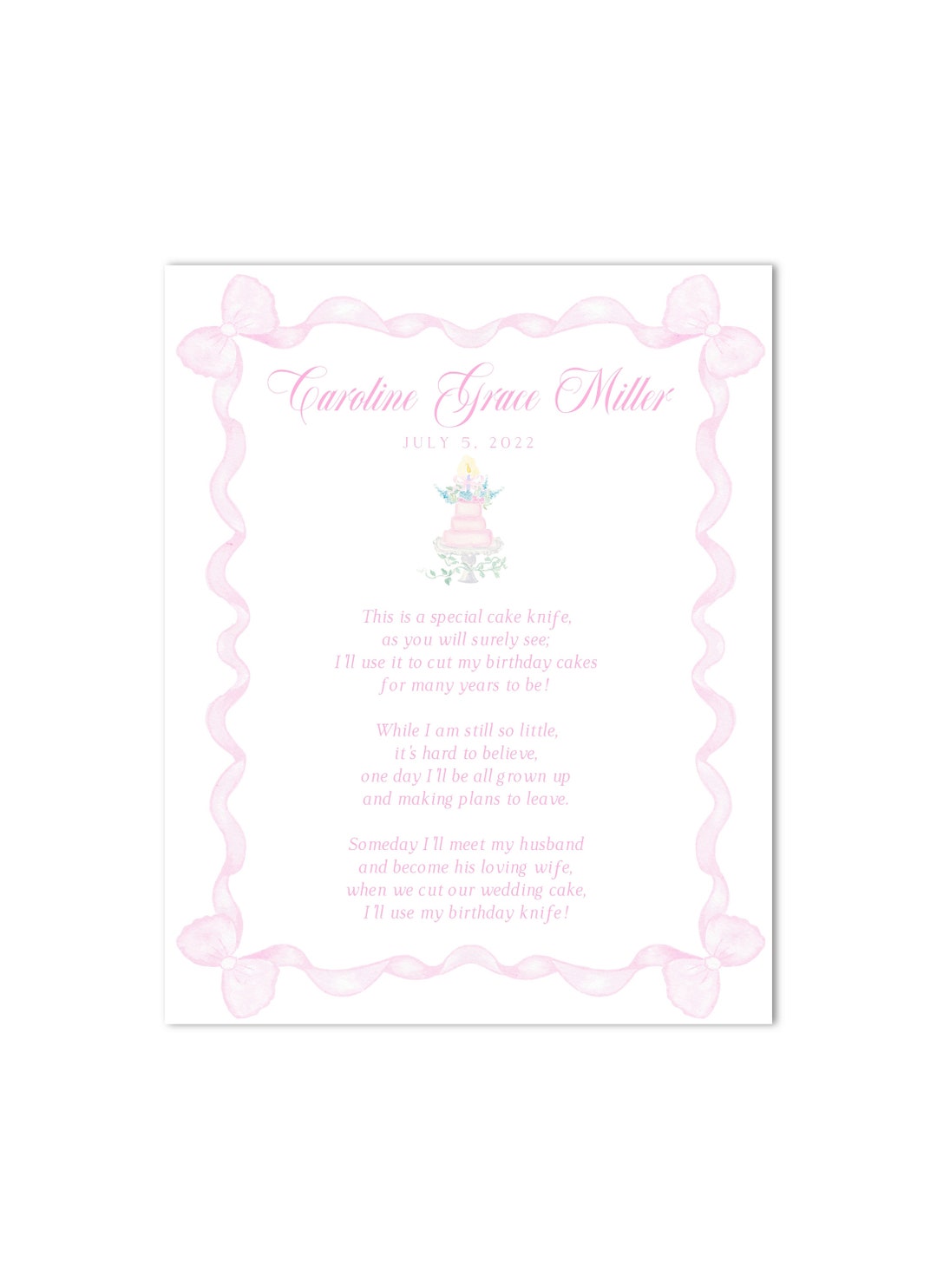 PRINTABLE Pink Birthday Cake Knife Poem - First Birthday | 8x10 ...