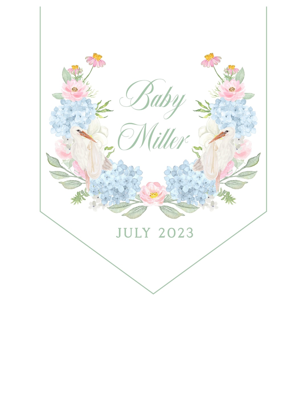 Watercolor Floral Stork Baby Announcement Pennant - Gender Neutral ...