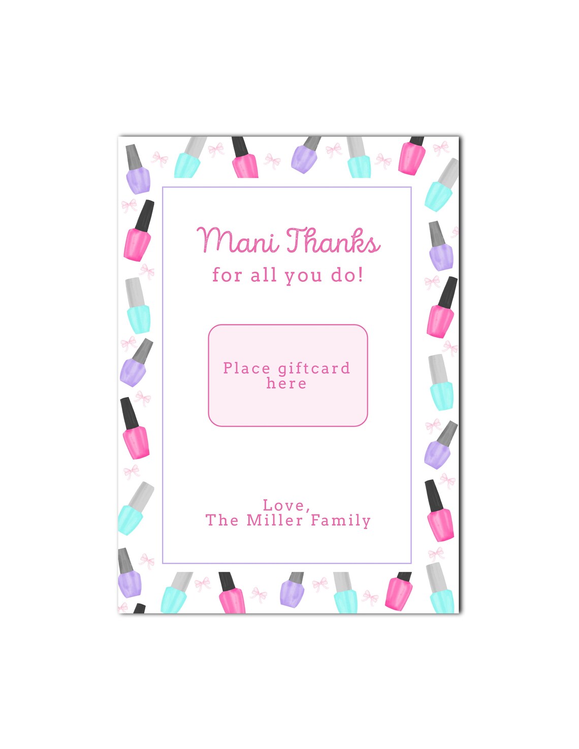 Printable Manicure Gift Card Holder | 5x7" | "mani Thanks!" Teacher ...