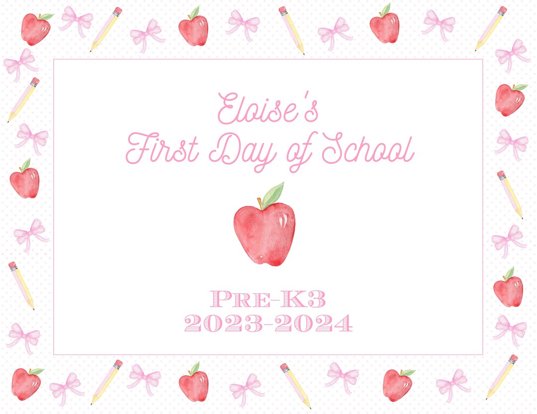 Printable First Day of School Sign - Watercolor Apple Bow Pencils, Pink ...