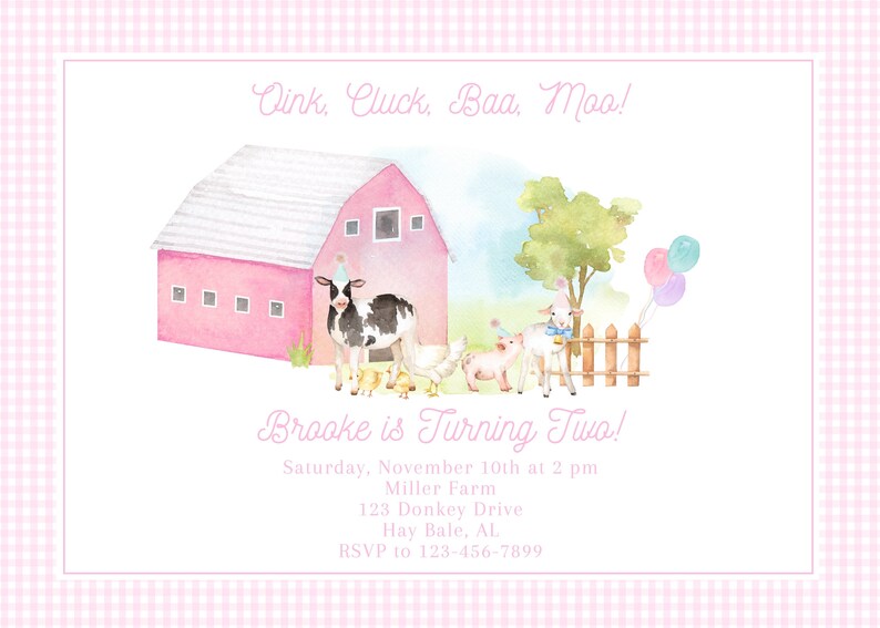 Invitación de cumpleaños imprimible de granja rosa con acuarela: ¡Llama ...