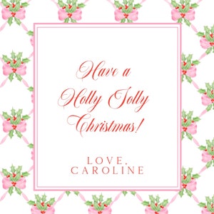 Printable Holiday Gift Tag Pink Holly Bow Trellis Grandmillenial ...