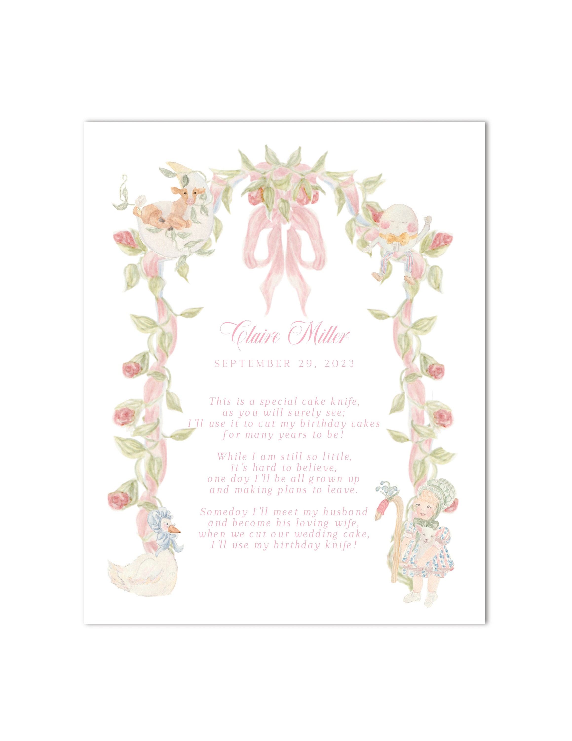 Printable Pink Mother Goose Cake Knife Poem | 8x10" | Watercolor Mother ...